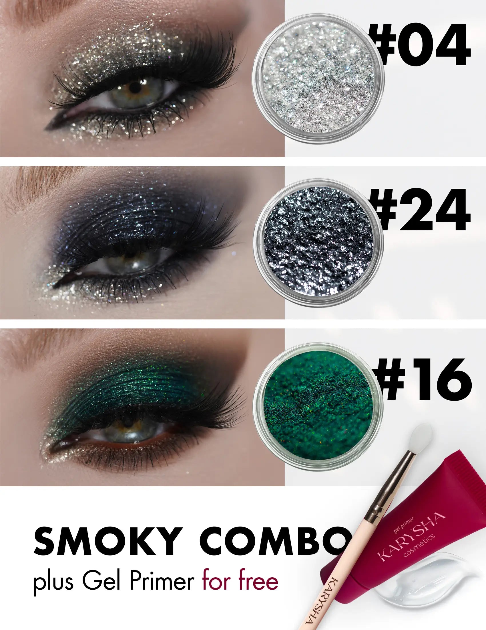 Smoky Combo Eyeshadow Glitter Shades #04, #16, #24 & Free Gel Primer ...